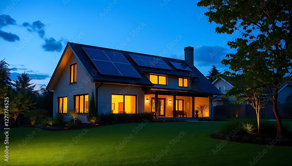 Sustainable solar panel home, innovative house night sky roof ...