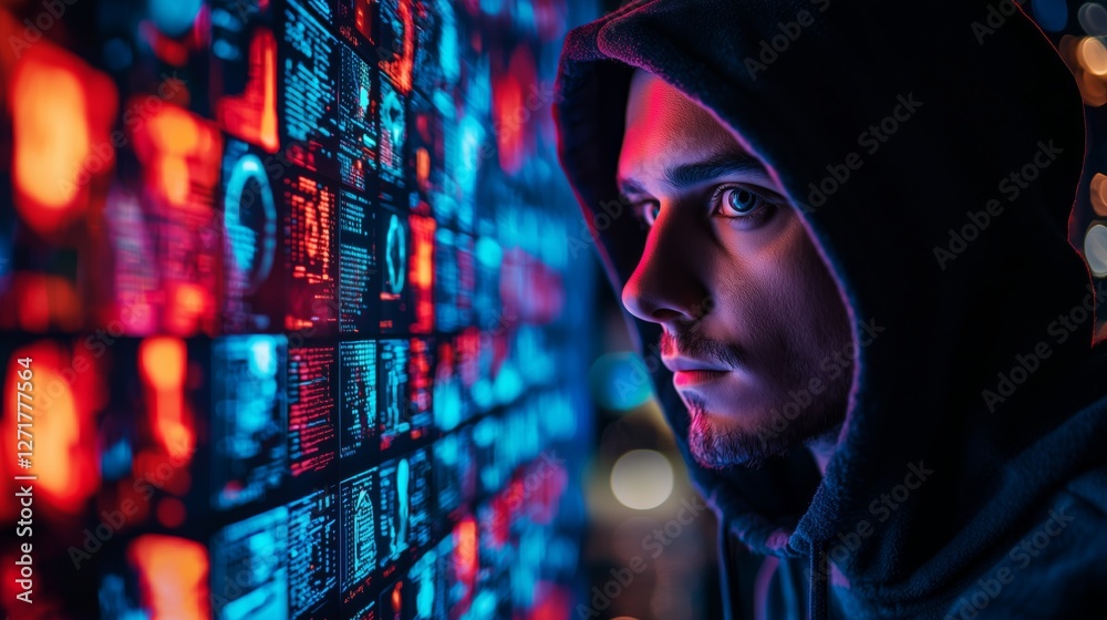 Hacker in a dark hoodie analyzing digital data on a futuristic screen ...