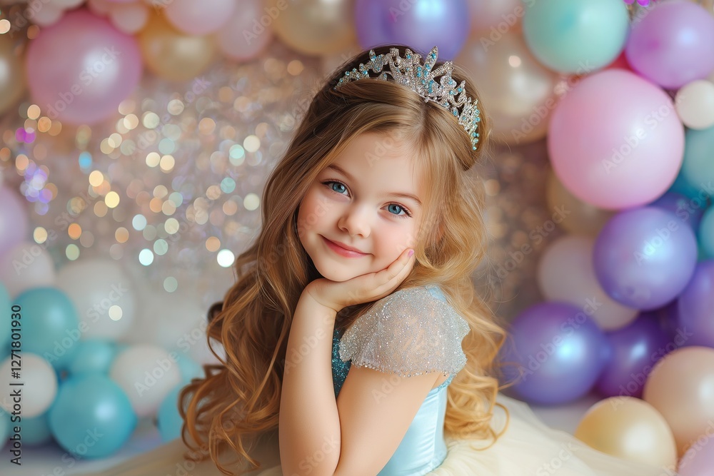 Little girl dressed as a fairy-tale princess posing for photos with a ...