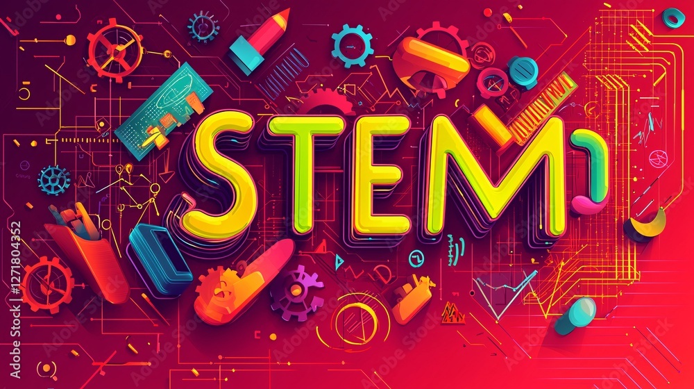 word "STEM" in vibrant, neon-style typography formed with abstract ...