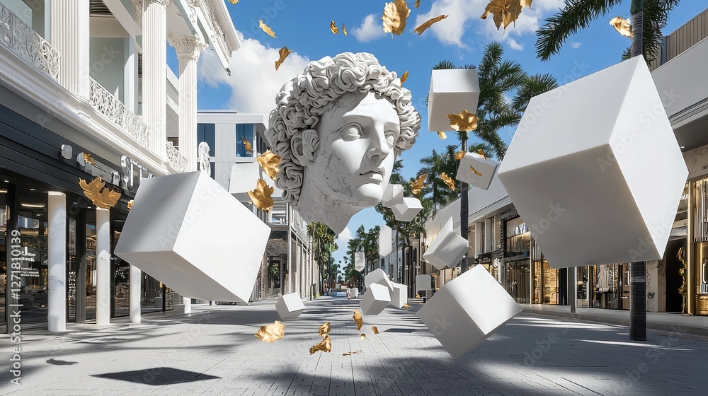 Surreal scene of a classical bust floating amidst white cubes and gold ...