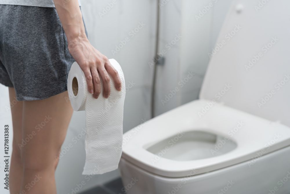 Stomach ache, sick asian young woman holding stomach pain and holding ...