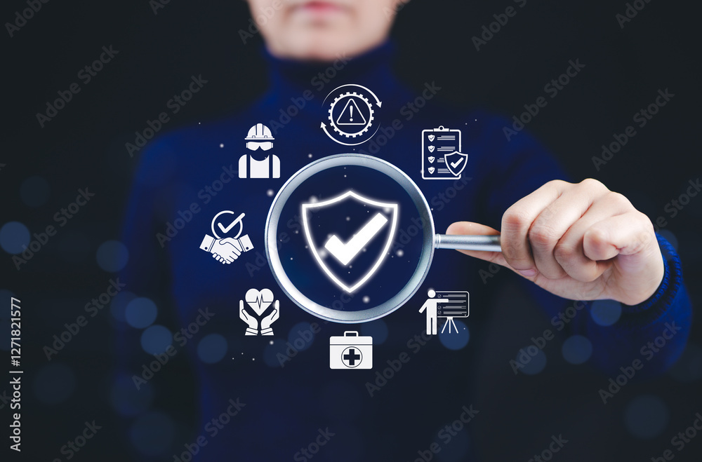 Work safety and compliance inspection concept. Woman holding magnifying ...