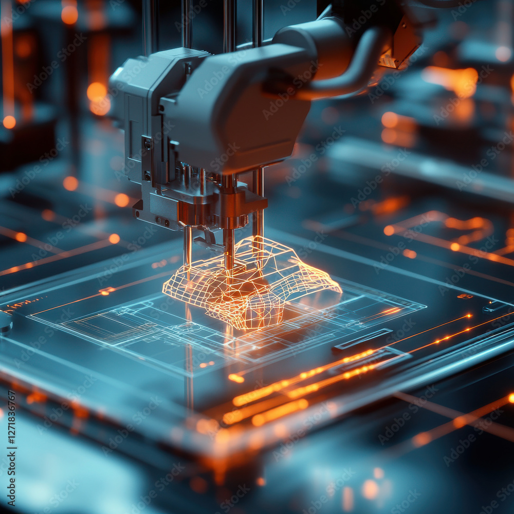 *Close-up of a robot using a 3D printer to construct complex structures ...