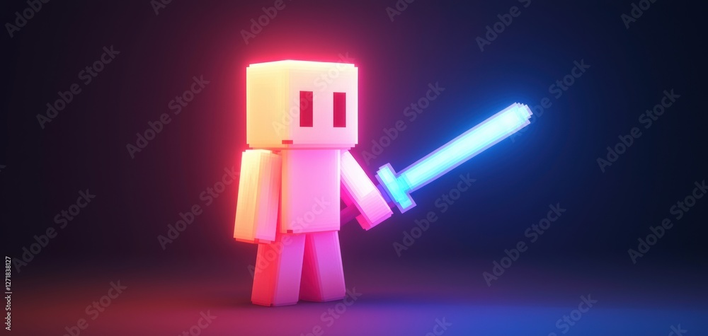 Pixel art retro arcade character, glitchy 8-bit warrior with glowing ...