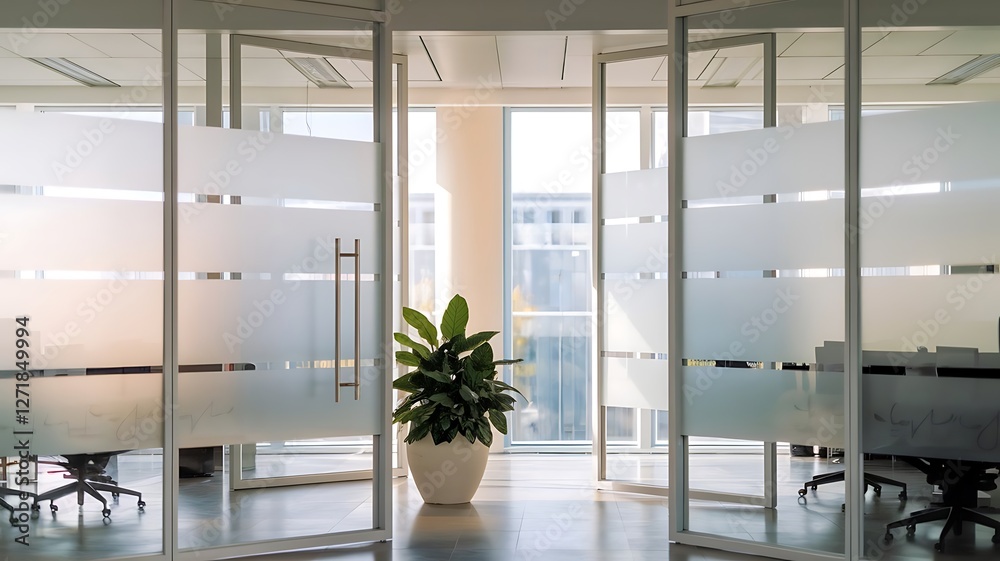 Modern office space with frosted glass walls and partitioned meeting ...