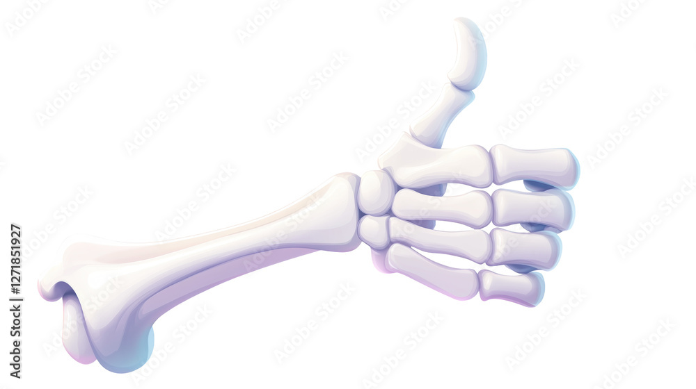 Cartoon skeleton hand is shown with a thumbs up gesture isolated on ...