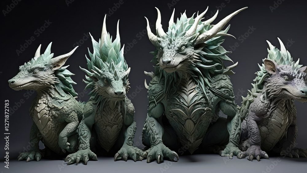 Four fantasy creatures with unique designs and textures Stock Photo ...