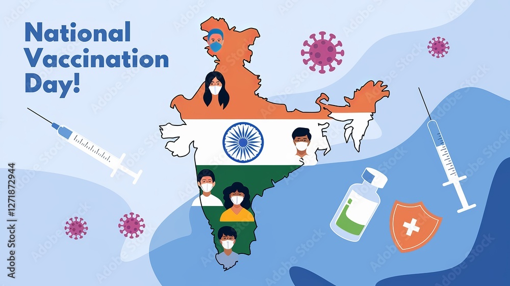 National Vaccination Day illustration showing India map, syringes, and ...