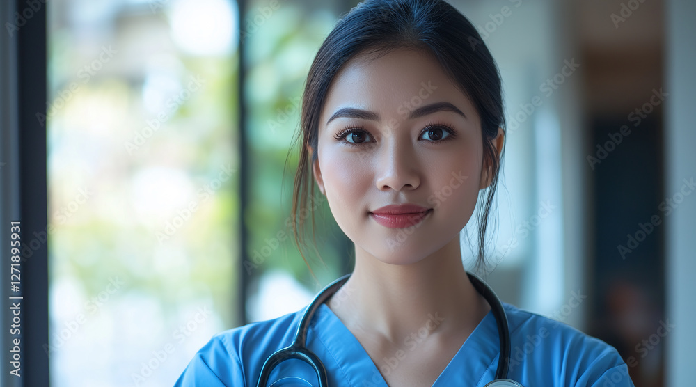optimistic, filipino woman nurse looking straight at the camera looking ...