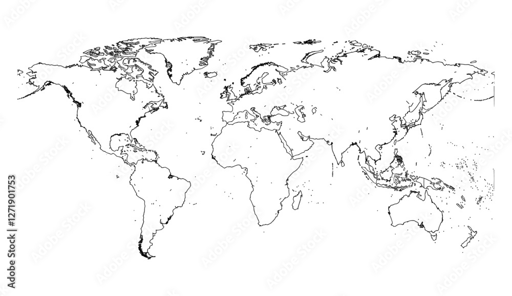 World Map Outline Contour Silhouette, Asia in Center, vector map ...