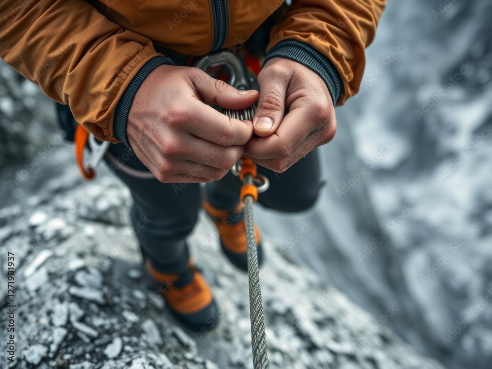 Climbers hands control rappel device while rappelling down a steep mountain slope Stock Photo ...