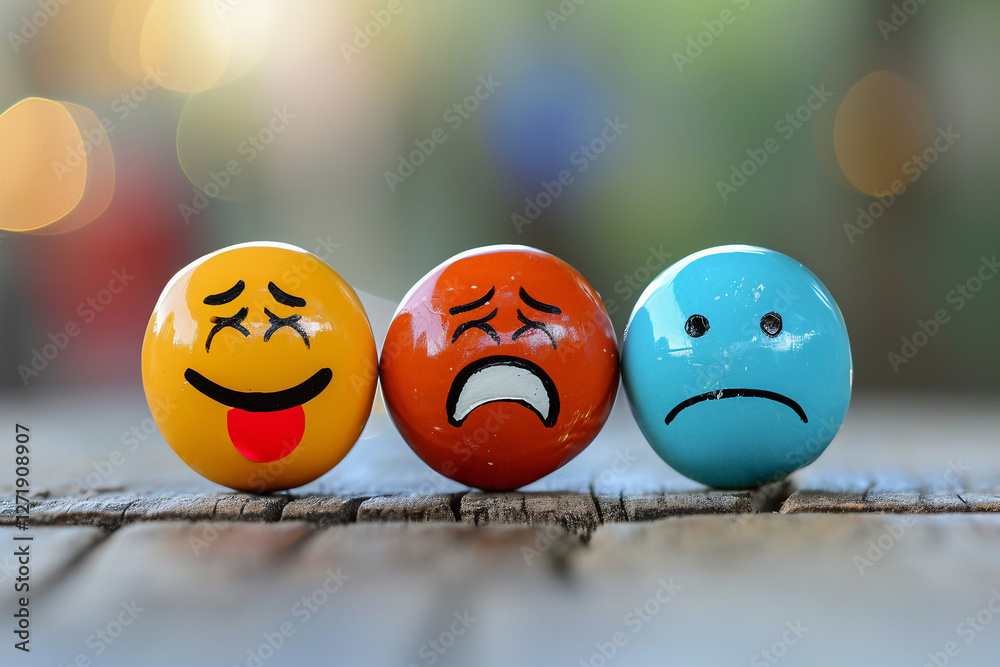 Expressing Emotions: Three emoji balls, each vividly painted to ...