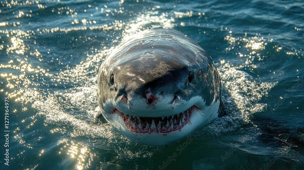 Close-up of a great white shark swimming toward the camera in sparkling ...