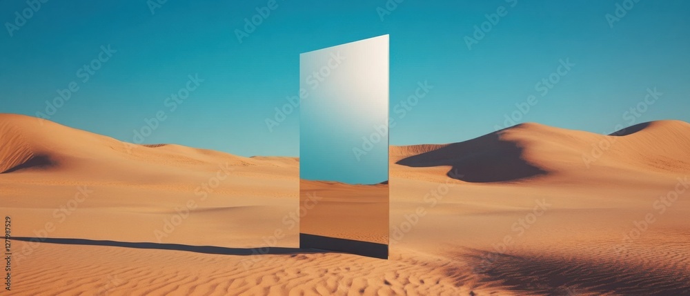 Surreal desert landscape with a large reflective mirror standing ...