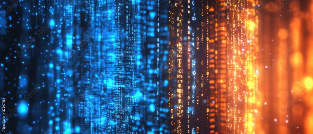 Abstract digital binary code matrix background with blue and orange glowing data streams Concept ...