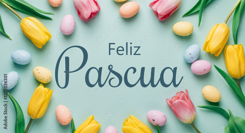 Colorful easter eggs and tulips creating a frame on a light blue ...