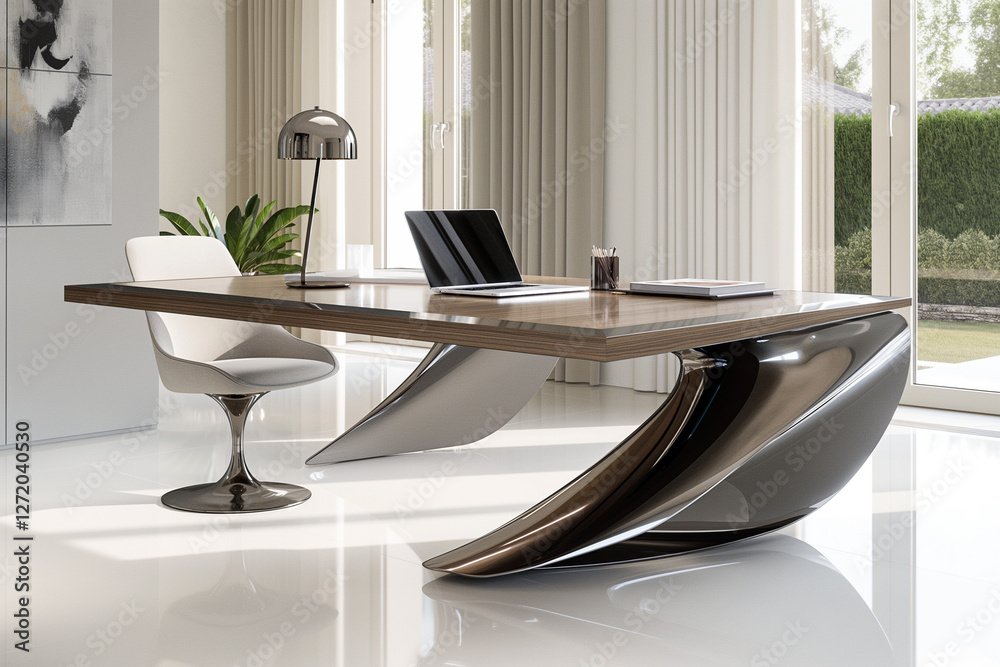 A sleek and minimalist home office setup, featuring a clean, modern ...