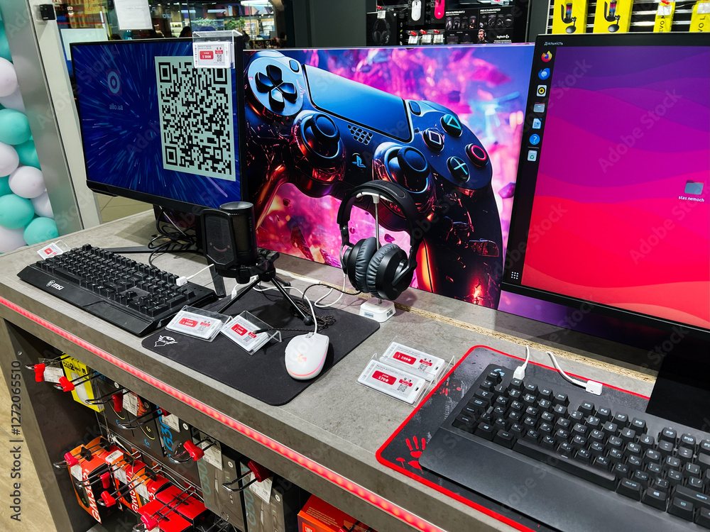 Lviv, Ukraine - February 16, 2025: Modern gaming setup with screens ...