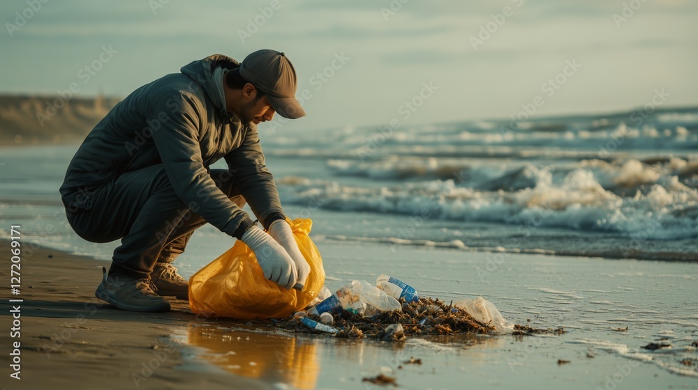 cleaning up polluted environment man cleaning up trash on ocean shore ...