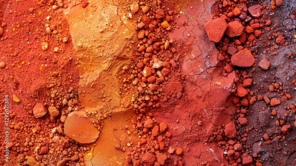 Different shades of red and orange pigments are arranged on a textured ...