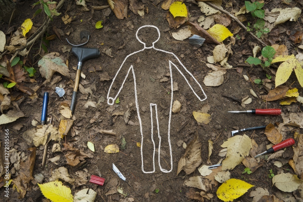 Crime scene outline with tools in forest setting Stock Photo | Adobe Stock