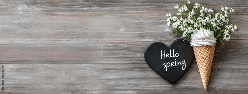 Colorful ice cream cone holds fresh snowdrop flowers alongside a lace ...