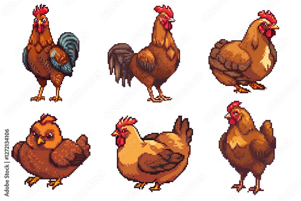 Ilustración de Stock collection of pixel art brown chickens and ...