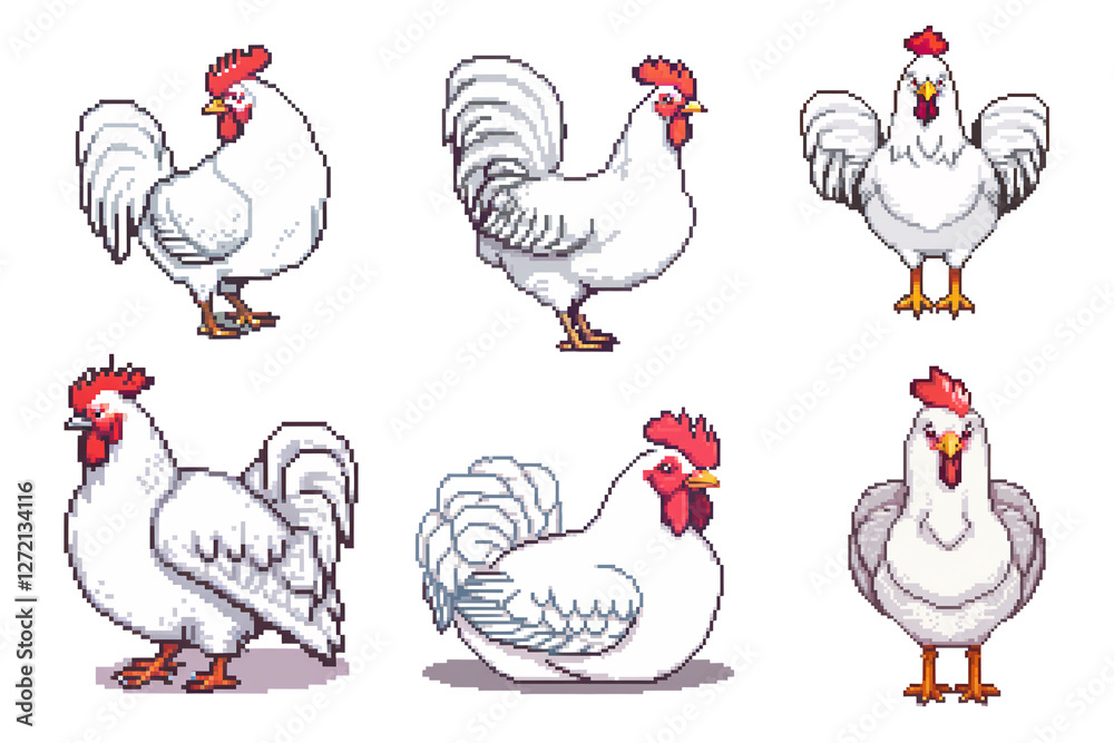 collection of pixel art white chickens and roosters, in various styles ...