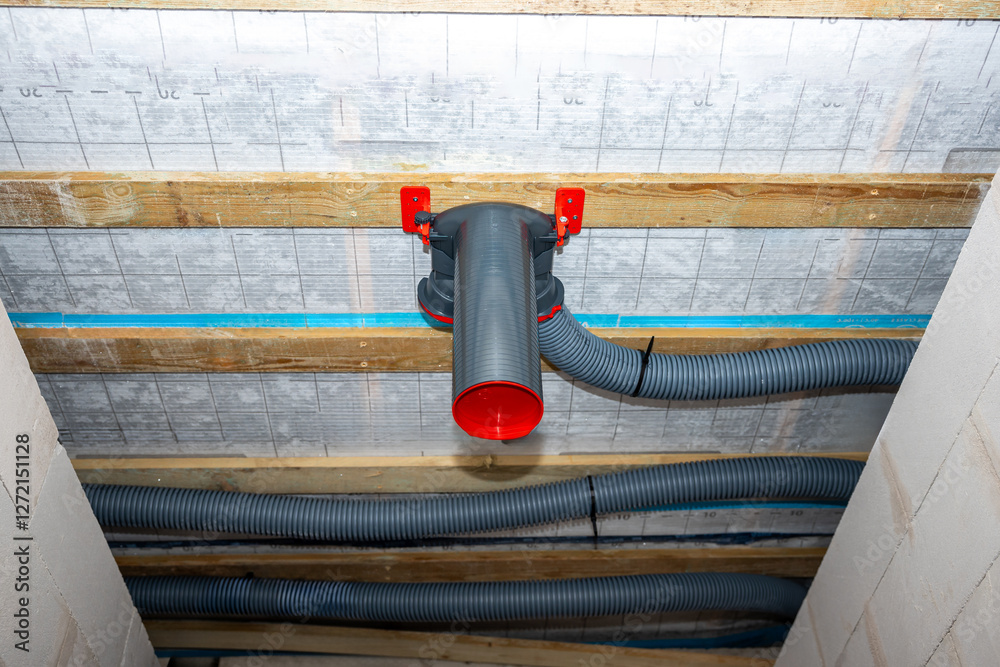 Ceiling framework with a red and gray ventilation unit, flexible ducts ...