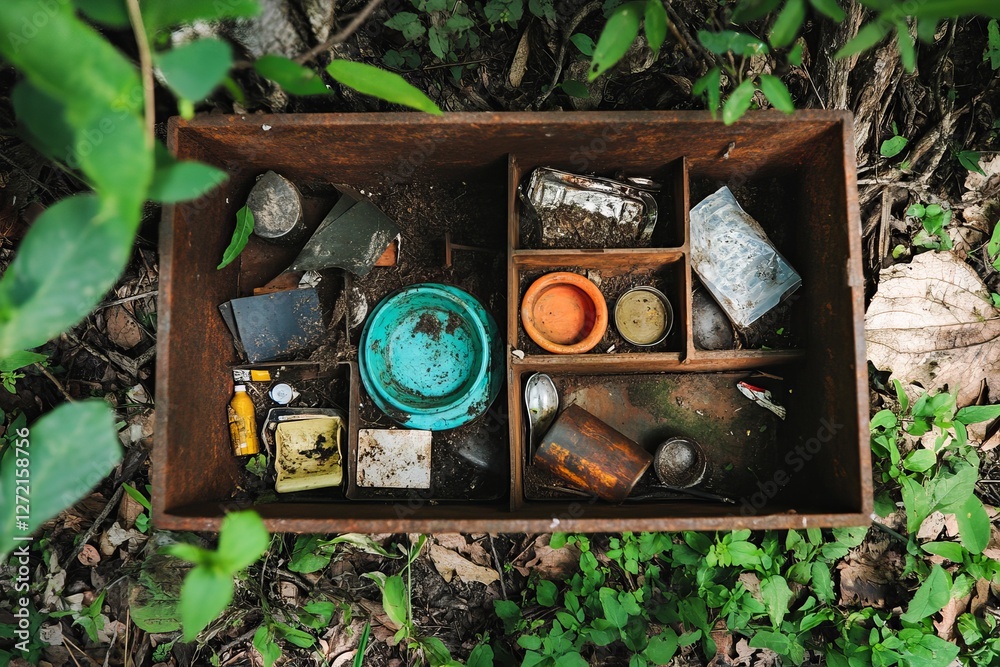Rusty Metal Box Filled with Assorted Vintage Items Old Objects Nature ...