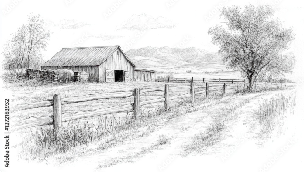 Detailed pencil sketch of a rustic barn and countryside landscape with ...