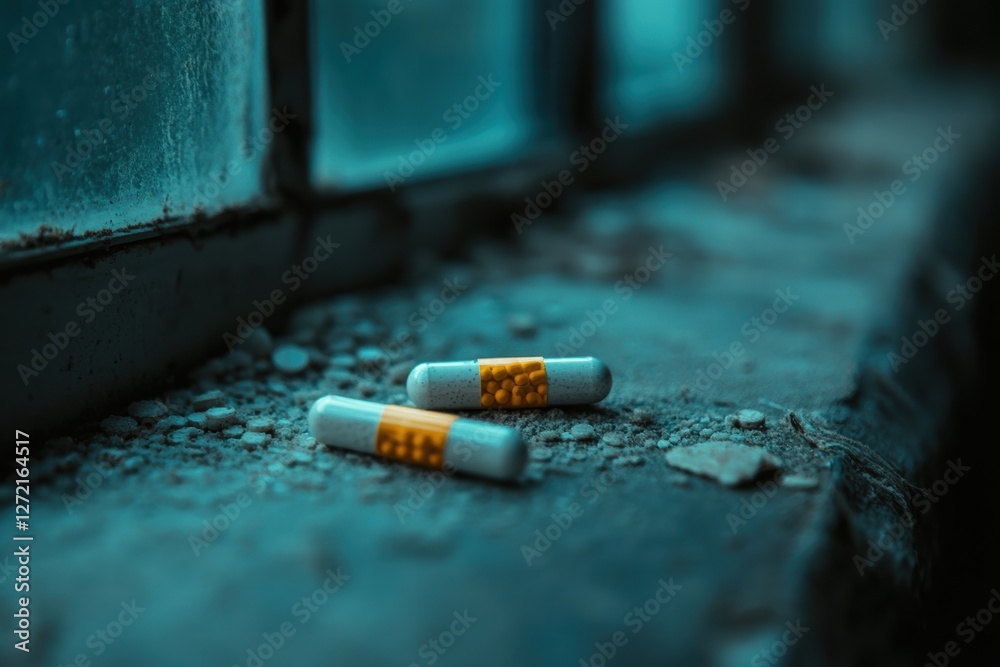 Capsules abandoned on a dusty windowsill reflecting the struggles of ...