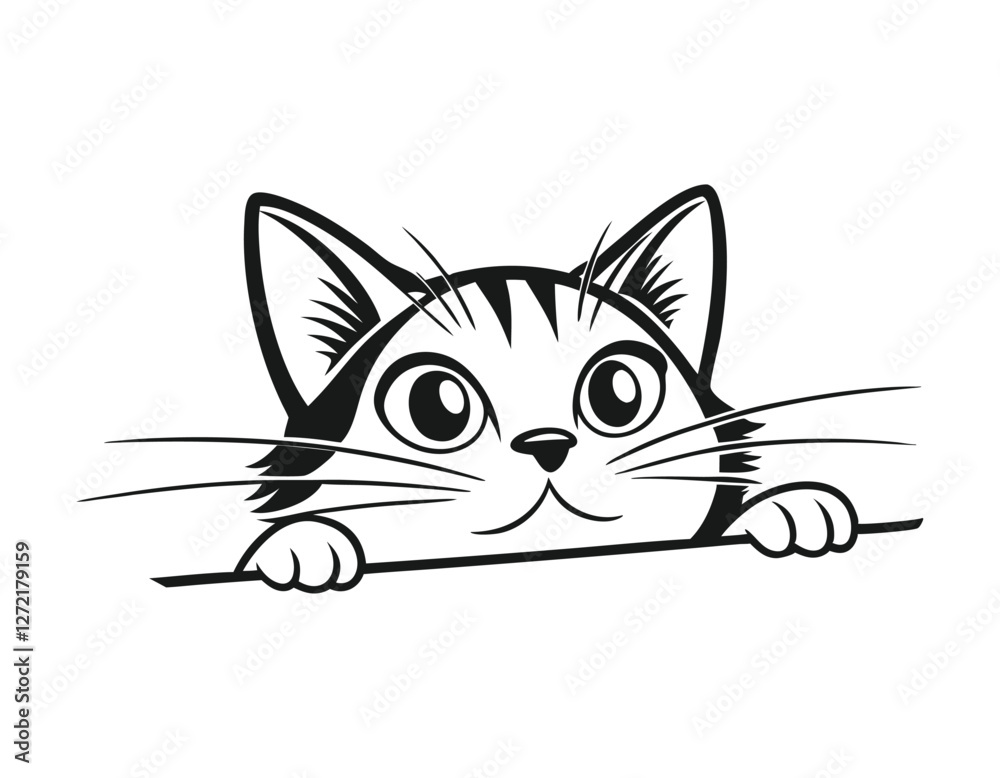 cute cartoon kitten peeking over a ledge with wide eyes and curious ...