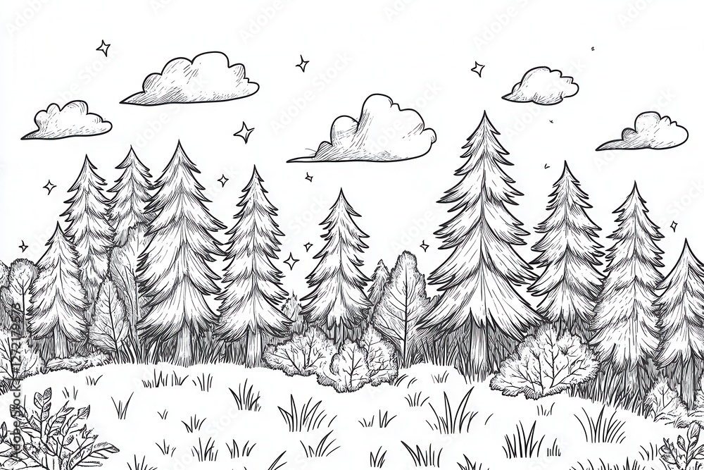 Mountainous Forest Line Art: Elegant Ink Drawing of Trees, Hills, and ...