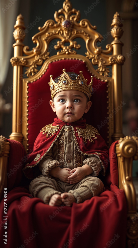 small one year old child with a golden crown on his head in royal ...