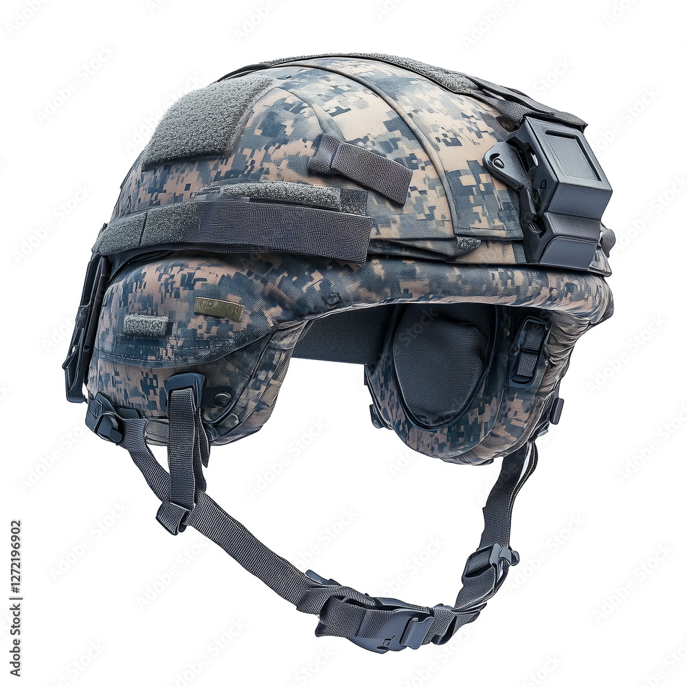 Military tactical helmet with a digital camouflage cover isolated on a ...
