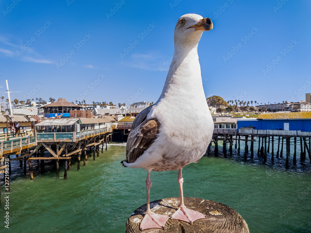 Seagull sits on a pier post looking forward, with blue sky and partial ...