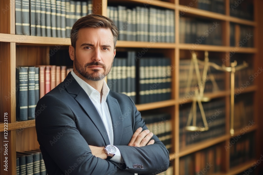 A male attorney stands confidently with his arms crossed, wearing a ...