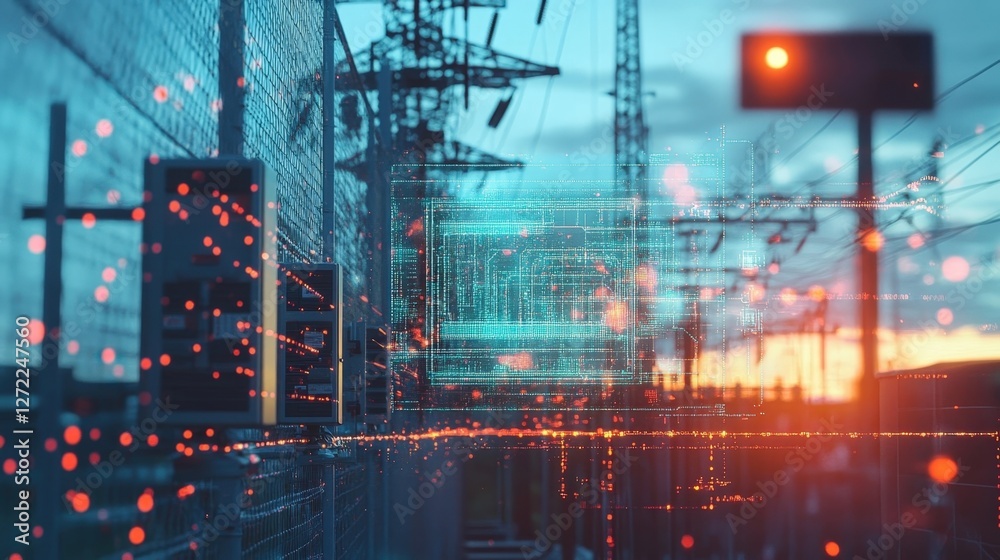 Futuristic Cyber Security System Is Protecting An Electrical Power Grid Infrastructure At Sunset