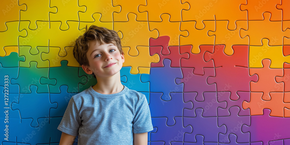 Foto de Stock Boy standing in front of rainbow colored puzzle wall. ASD ...
