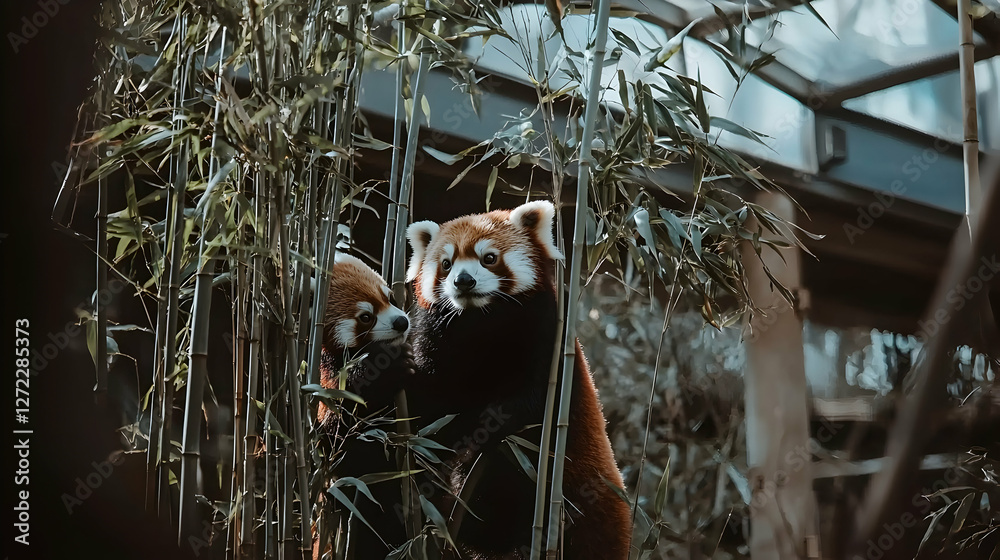 Red pandas cuddling amidst bamboo in zoo enclosure, modern building ...