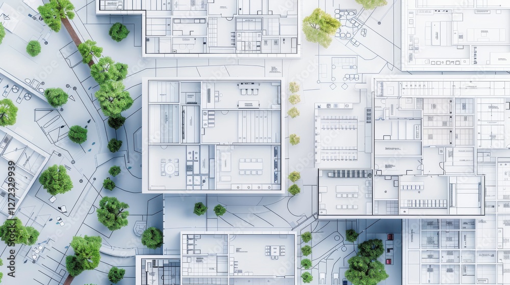 Aerial blueprint showing a modern office building's design with open ...