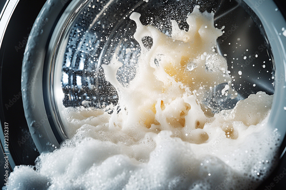 Bubbles and foam swirling inside a washing machine during a laundry ...