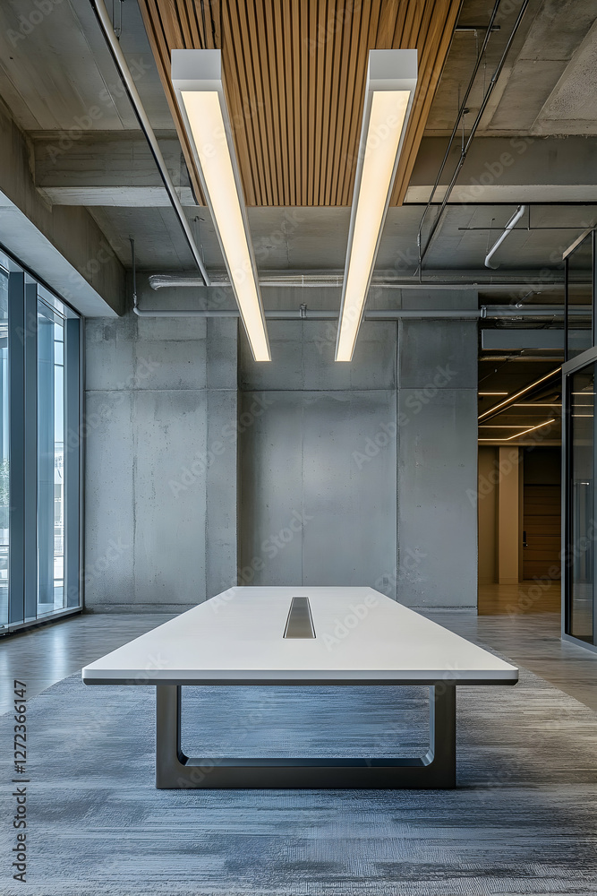 Minimalist boardroom featuring a long, white conference table beneath ...