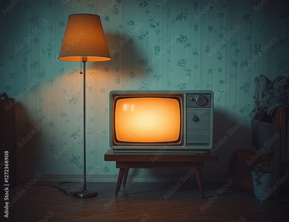 Vintage Television Set in Dimly Lit Mid-Century Modern Room with ...