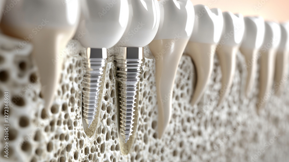 3D Illustration of Dental Implants in Jawbone. Close-up 3D illustration ...