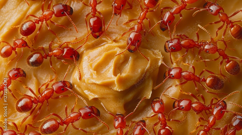 Extreme close-up of red imported fire ants gathered around a dollop of ...