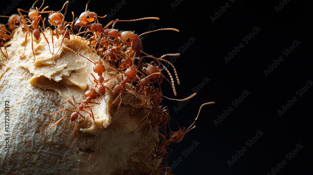 High-resolution macro of red fire ants clustered tightly around a blob ...