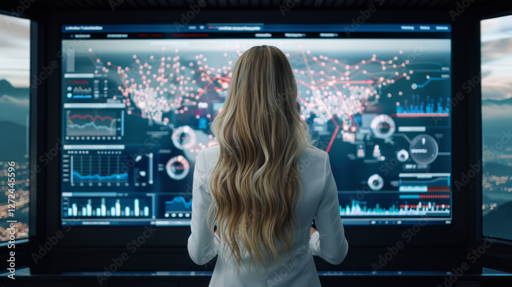 Analytical Visionary: A female data analyst meticulously examines a dynamic world map with ...